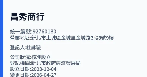昌秀商行的照片-統編 92760180(新北市) 公司登記資料與營業項目詳細圖表