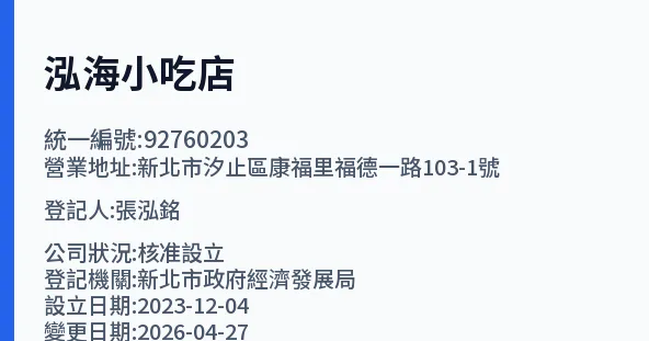 泓海小吃店的照片-統編 92760203(新北市) 公司登記資料與營業項目詳細圖表