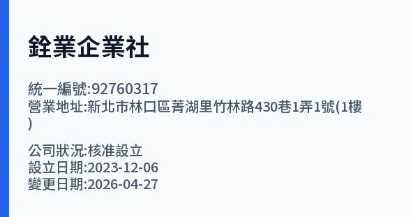 銓業企業社的照片-統編 92760317(新北市) 公司登記資料與營業項目詳細圖表