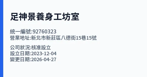 足神景養身工坊室的照片-統編 92760323(新北市) 公司登記資料與營業項目詳細圖表