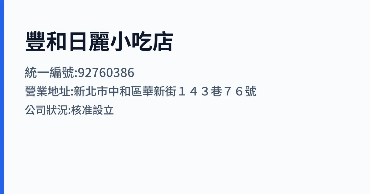 豐和日麗小吃店 - 統編 92760386(新北市) 公司登記資料與營業項目詳細圖表