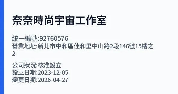 奈奈時尚宇宙工作室的照片-統編 92760576(新北市) 公司登記資料與營業項目詳細圖表