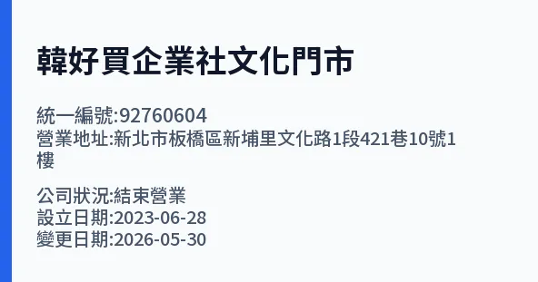 韓好買企業社文化門市的照片-統編 92760604(新北市) 公司登記資料與營業項目詳細圖表