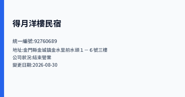 得月洋樓民宿的照片-統編 92760689(金門縣) 公司登記資料與營業項目詳細圖表