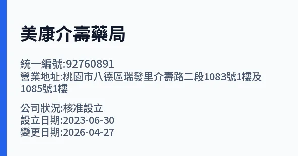 美康介壽藥局的照片-統編 92760891(桃園市) 公司登記資料與營業項目詳細圖表