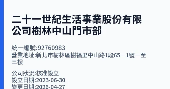 二十一世紀生活事業股份有限公司樹林中山門市部的照片-統編 92760983(新北市) 公司登記資料與營業項目詳細圖表
