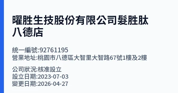 曜胜生技股份有限公司髮胜肽八德店的照片-統編 92761195(桃園市) 公司登記資料與營業項目詳細圖表
