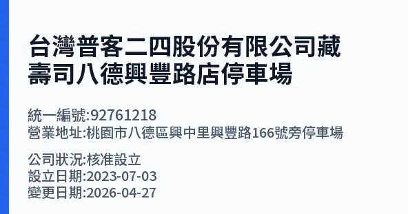 台灣普客二四股份有限公司藏壽司八德興豐路店停車場的照片-統編 92761218(桃園市) 公司登記資料與營業項目詳細圖表