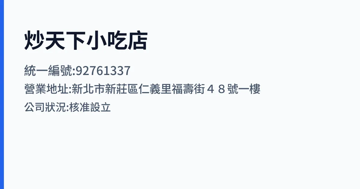 炒天下小吃店 - 統編 92761337(新北市) 公司登記資料與營業項目詳細圖表