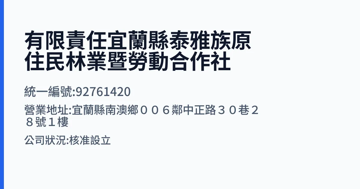 有限責任宜蘭縣泰雅族原住民林業暨勞動合作社 - 統編 92761420(宜蘭縣) 公司登記資料與營業項目詳細圖表