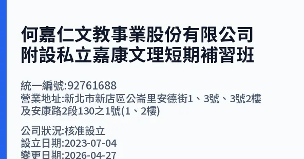 何嘉仁文教事業股份有限公司附設私立嘉康文理短期補習班的照片-統編 92761688(新北市) 公司登記資料與營業項目詳細圖表