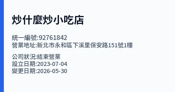 炒什麼炒小吃店的照片-統編 92761842(新北市) 公司登記資料與營業項目詳細圖表
