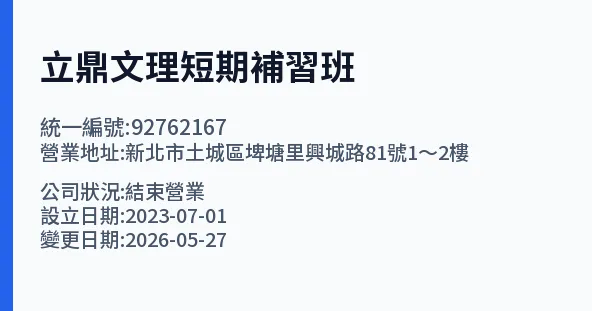 立鼎文理短期補習班的照片-統編 92762167(新北市) 公司登記資料與營業項目詳細圖表