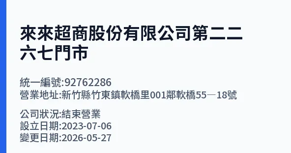 來來超商股份有限公司第二二六七門市的照片-統編 92762286(新竹縣) 公司登記資料與營業項目詳細圖表