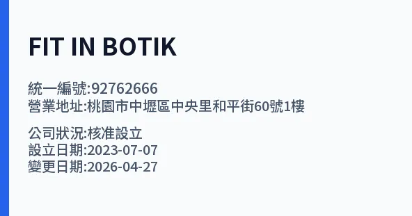 FIT IN BOTIK的照片-統編 92762666(桃園市) 公司登記資料與營業項目詳細圖表
