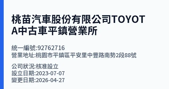 桃苗汽車股份有限公司TOYOTA中古車平鎮營業所的照片-統編 92762716(桃園市) 公司登記資料與營業項目詳細圖表