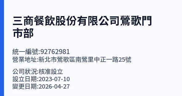 三商餐飲股份有限公司鶯歌門市部的照片-統編 92762981(新北市) 公司登記資料與營業項目詳細圖表