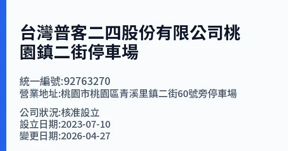 台灣普客二四股份有限公司桃園鎮二街停車場的照片-統編 92763270(桃園市) 公司登記資料與營業項目詳細圖表