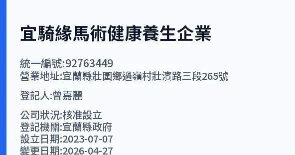 宜騎緣馬術健康養生企業的照片-統編 92763449(宜蘭縣) 公司登記資料與營業項目詳細圖表