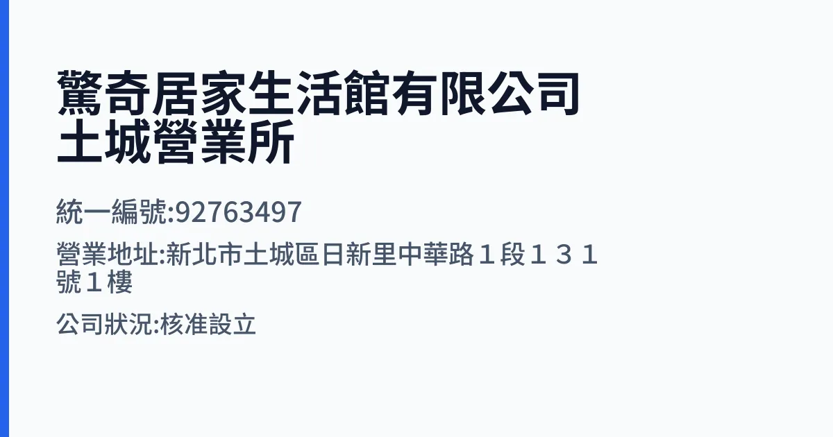 驚奇居家生活館有限公司土城營業所 - 統編 92763497(新北市) 公司登記資料與營業項目詳細圖表