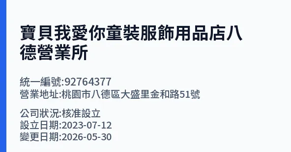 寶貝我愛你童裝服飾用品店八德營業所的照片-統編 92764377(桃園市) 公司登記資料與營業項目詳細圖表