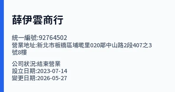 薛伊雲商行的照片-統編 92764502(新北市) 公司登記資料與營業項目詳細圖表