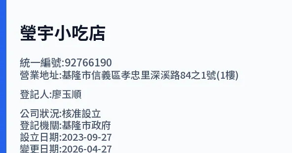 瑩宇小吃店的照片-統編 92766190(基隆市) 公司登記資料與營業項目詳細圖表