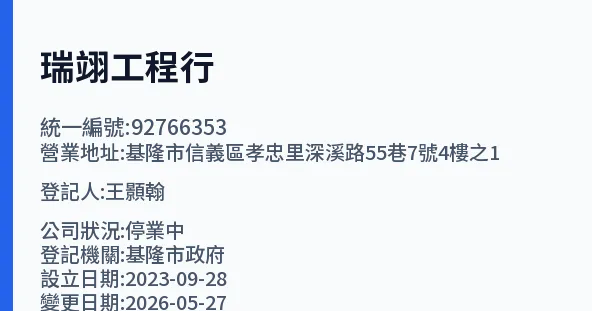 瑞翊工程行的照片-統編 92766353(基隆市) 公司登記資料與營業項目詳細圖表
