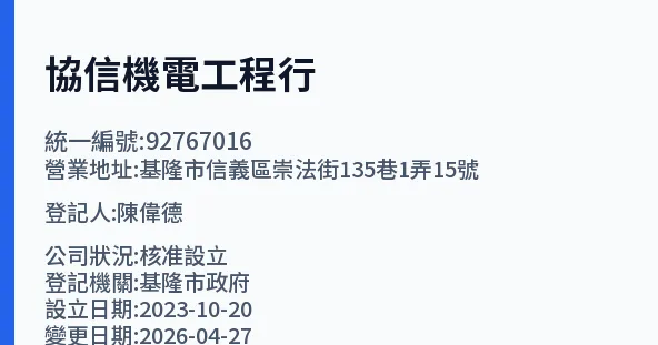 協信機電工程行的照片-統編 92767016(基隆市) 公司登記資料與營業項目詳細圖表