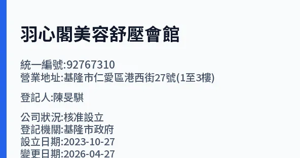 羽心閣美容舒壓會館的照片-統編 92767310(基隆市) 公司登記資料與營業項目詳細圖表