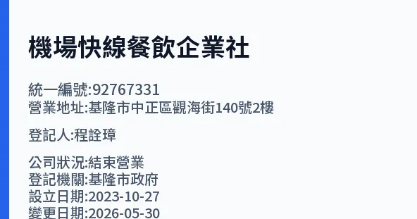 機場快線餐飲企業社的照片-統編 92767331(基隆市) 公司登記資料與營業項目詳細圖表