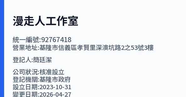 漫走人工作室的照片-統編 92767418(基隆市) 公司登記資料與營業項目詳細圖表