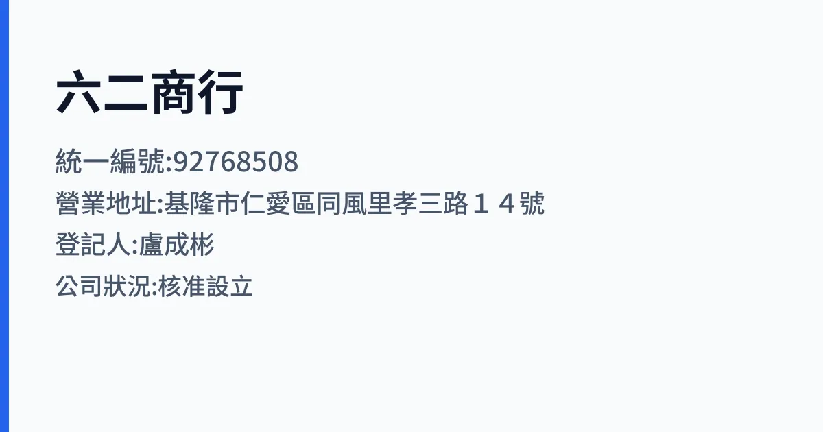 六二商行 - 統編 92768508(基隆市) 公司登記資料與營業項目詳細圖表