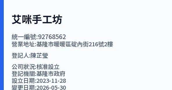 艾咪手工坊的照片-統編 92768562(基隆市) 公司登記資料與營業項目詳細圖表