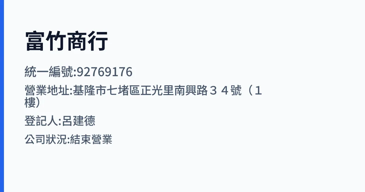 富竹商行 - 統編 92769176(基隆市) 公司登記資料與營業項目詳細圖表