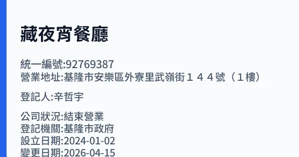 藏夜宵餐廳的照片-統編 92769387(基隆市) 公司登記資料與營業項目詳細圖表
