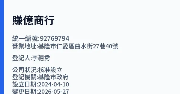 賺億商行的照片-統編 92769794(基隆市) 公司登記資料與營業項目詳細圖表