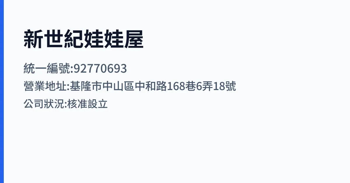 新世紀娃娃屋 - 統編 92770693（基隆市） 公司登記資料與營業項目詳細圖表