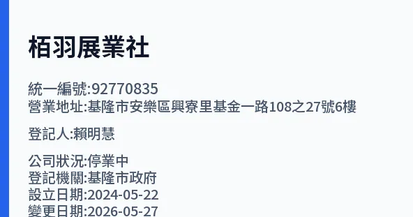 栢羽展業社的照片-統編 92770835(基隆市) 公司登記資料與營業項目詳細圖表