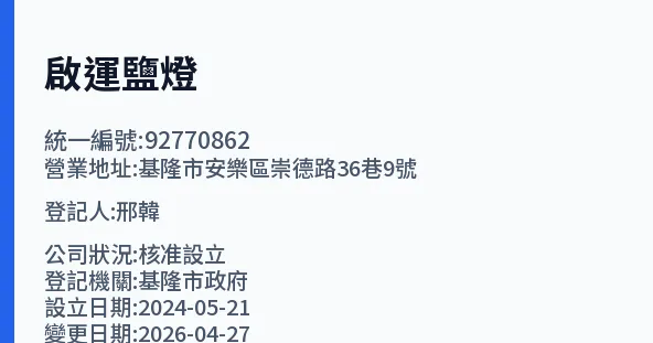 啟運鹽燈的照片-統編 92770862(基隆市) 公司登記資料與營業項目詳細圖表
