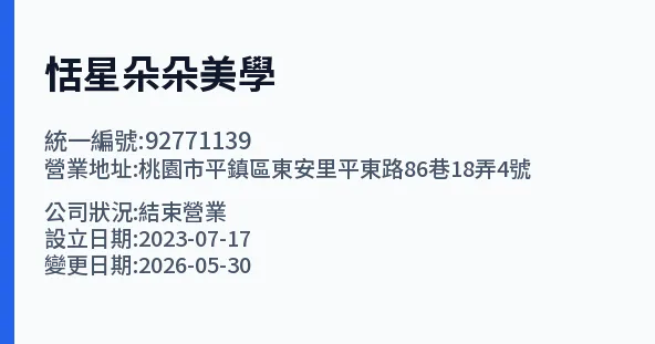 恬星朵朵美學的照片-統編 92771139(桃園市) 公司登記資料與營業項目詳細圖表