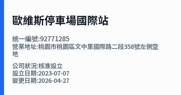 歐維斯停車場國際站的照片-統編 92771285(桃園市) 公司登記資料與營業項目詳細圖表