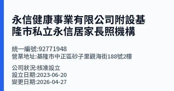 永信健康事業有限公司附設基隆市私立永信居家長照機構的照片-統編 92771948(基隆市) 公司登記資料與營業項目詳細圖表