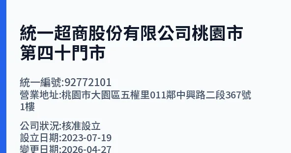 統一超商股份有限公司桃園市第四十門市的照片-統編 92772101(桃園市) 公司登記資料與營業項目詳細圖表
