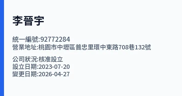 李晉宇的照片-統編 92772284(桃園市) 公司登記資料與營業項目詳細圖表