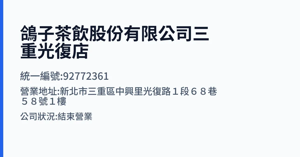 鴿子茶飲股份有限公司三重光復店 - 統編 92772361(新北市) 公司登記資料與營業項目詳細圖表