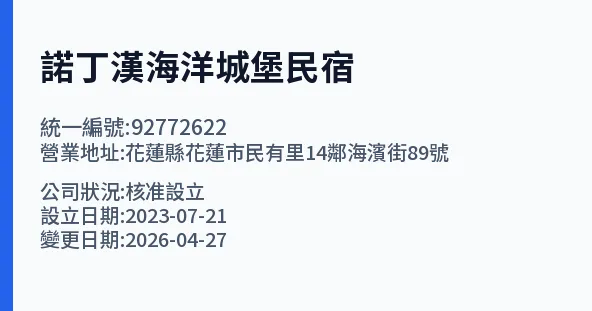 諾丁漢海洋城堡民宿的照片-統編 92772622(花蓮縣) 公司登記資料與營業項目詳細圖表