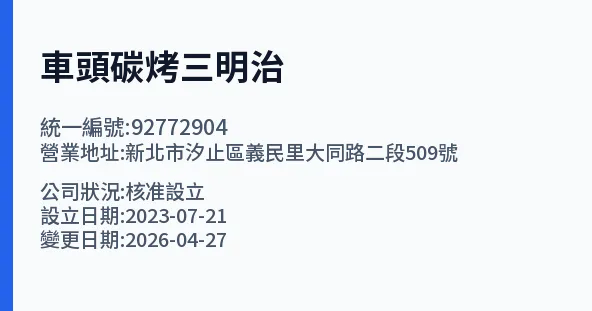 車頭碳烤三明治的照片-統編 92772904(新北市) 公司登記資料與營業項目詳細圖表