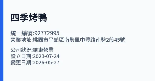 四季烤鴨的照片-統編 92772995(桃園市) 公司登記資料與營業項目詳細圖表