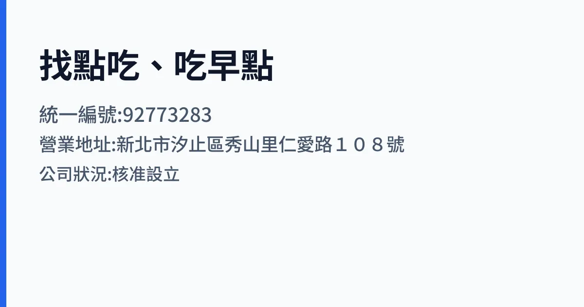 找點吃、吃早點 - 統編 92773283(新北市) 公司登記資料與營業項目詳細圖表